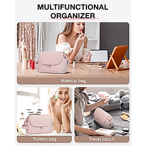 BAGSMART Travel Toiletry Bag, Toiletry Bag for Women with Hanging Hook, Large Wide-open Cosmetic Bag Make Up Organizer Case Travel Bag for Toiletries Accessories,Traveling, Camping, Pink