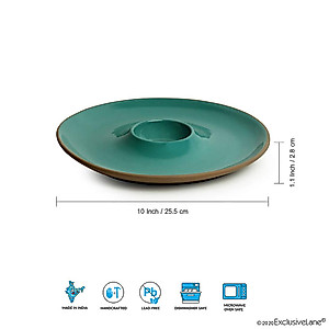 ExclusiveLane 'Earthen Turquoise' Hand Glazed Ceramic Chip and Dip Serving Platter with Dip Bowl for Parties, Salsa, Guacamole | Chip and Dip Platter for Appetizers, Hummus, Nacho (Microwave Safe)