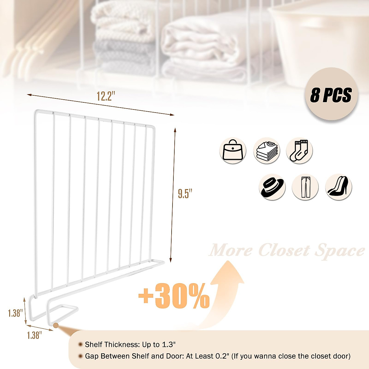 IVONNEY Wire Shelf Dividers Closet Organization, 8 Pack Metal Closet Dividers, White Wire Shelf Separators - Closet Shelf Dividers for Wood Shelves, Vertical Wire Shelving Dividers