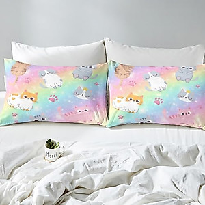 Erosebridal Rainbow Cat Full Sheets for Girls,Kids Cute Cats Fitted Sheets Teen Women Pastel Gradient Glitter Stars Cat Beding Sheets Cartoon Animal Kitten Paw Bed Cover 2 Pillow Cases Colorful