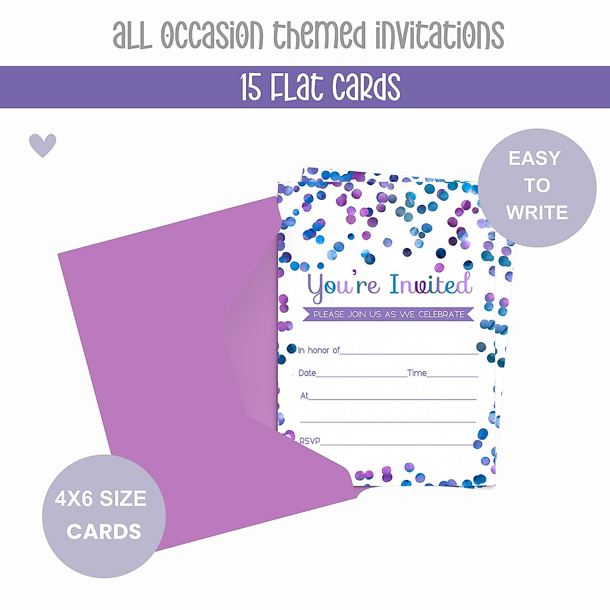 Purple Confetti Invitations with Envelopes (15 Pack) Invites for Girls Birthday, Baby Shower, Teens, Kids, Graduation, Any Party – Abstract Watercolor Dot Theme – Personalize Blank Cards 4x6 Set