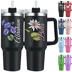 Personalized Tumbler with Handle Straw Custom Insulated Tumblers with Name Birth Flowers Customized 40 oz Stainless Steel Travel Cup Gifts for Women Men Birthdays Christmas Anniversary