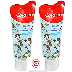 Colgate Kids Fluoride Anticavity Toothpaste for Ages 2+, ADA-Accepted Clinically Proven, Cavity & Enamel Protection | Mild Bubble Fruit Flavor - 2 Tubes Plus Muchai Card