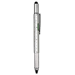 DUNBONG Metal Multi tool Pen 6-in-1 Stylus Pen - With Screwdriver, Ballpoint Pen Black ink, Stylus pen, Level and Ruler, 1-Count (Silver)