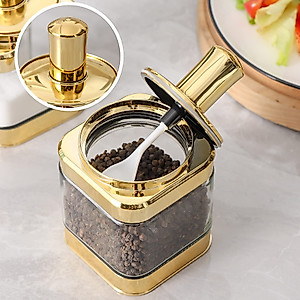 BETTWILL Glass Condiment Spice Jars, Container with Lids and Spoons(11oz/320 ml), Gold Salt Jar, 2Pack Seasoning Box Set for Sugar, Pepper, for Kitchen Counter，Brown Sugar Container.