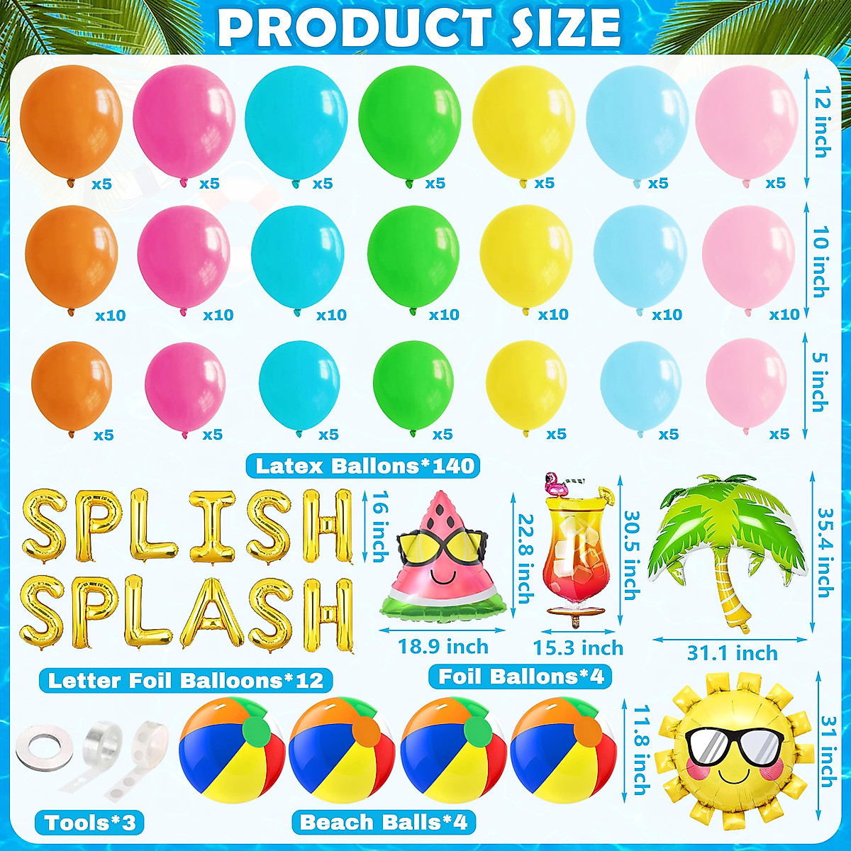 Tropical Hawaiian Luau Splish Splash Balloon Garland Arch Kit 160Pcs, Summer Pool Beach Party Decoration with Beach Ball Foil Balloon for Kids Aloha Pool Birthday Party Supplies (Summer-01)