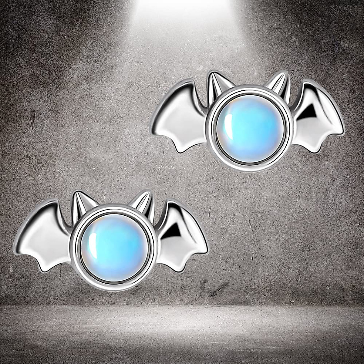 Halloween Moonstone Bat Earrings Sterling Silver Vampire studs for Women Hypoallergenic Piercing Stud for Sensitive Ears Fashion Gothic Jewelry