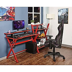 JJS 48" Home Office Gaming Computer Desk with Removable Monitor Stand, X Shaped Large Gamer Workstation PC Table with Cup Holder Headphone Hook Speaker Storage Free Mouse pad, Red