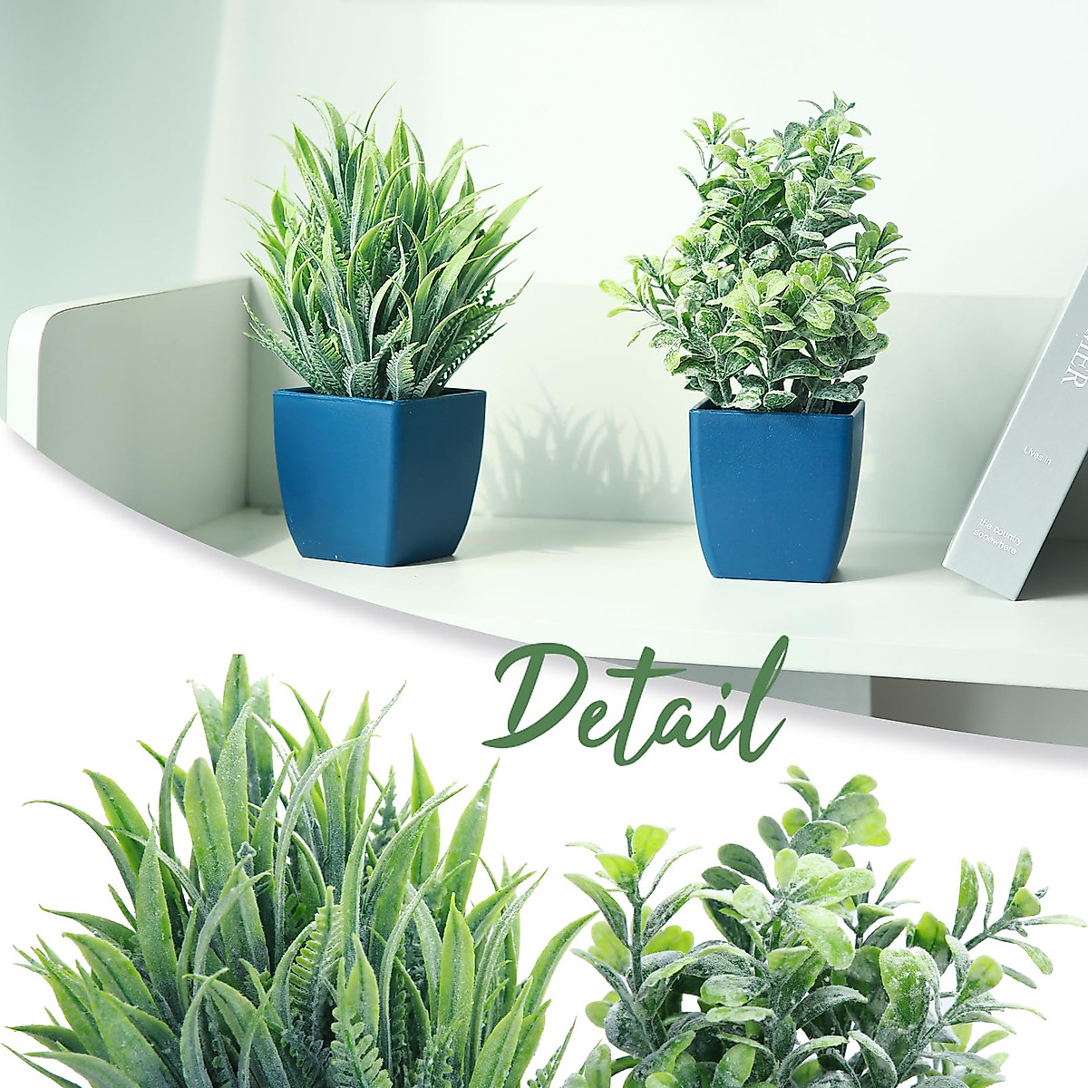 summer flower 2 Pack Fake Plants in Pot Small Artificial Eucalyptus Potted Plant Faux Rosemary in Pot Greenery for Home Decor Indoor Office Shelf Table Desk Bathroom Decoration (Blue-2)