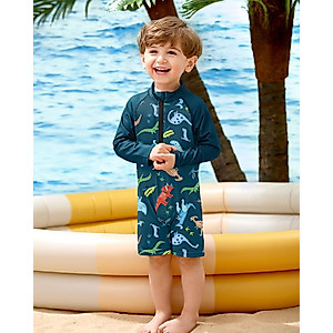 BesserBay Long Sleeve One Piece Rashguard UPF 50+ Dinosaur Navy Zip Up Swimwear for Baby Boy 18-24 Months