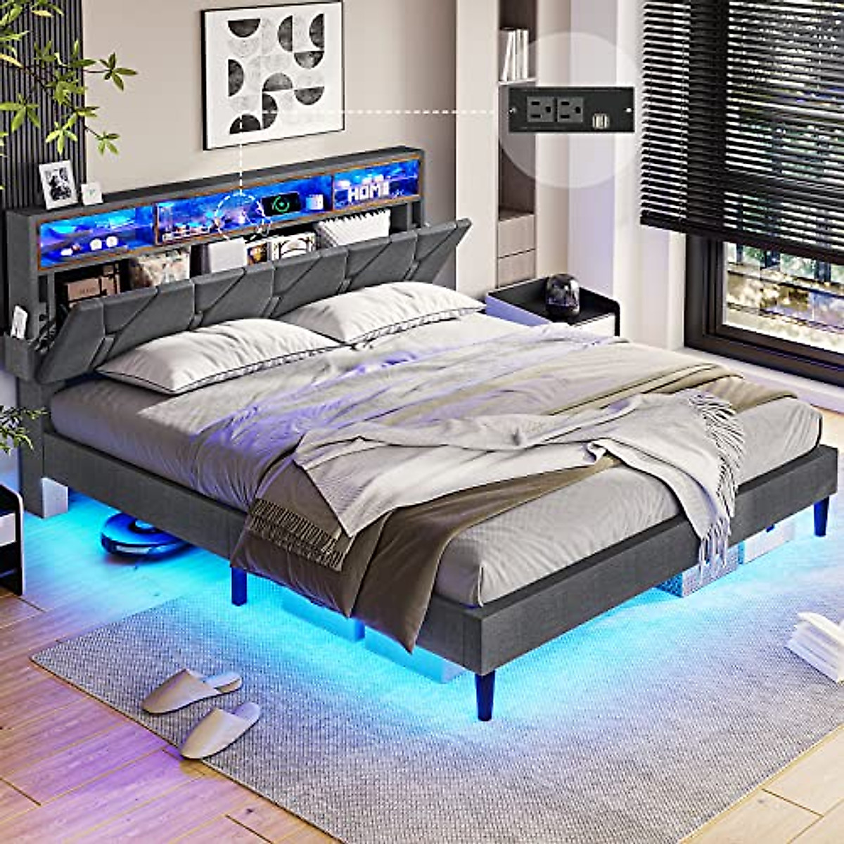 BTHFST Full Size Bed Frame with Outlets and USB Ports, Full Bed Frame with LED Lights, Upholstered Platform LED Bed Frame Full with Storage Shelf Headboard, No Box Spring Needed, Dark Grey