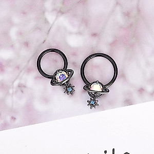 Qmcandy 4pcs Stainless Steel 16G Septum Clicker Dangle Hinged Segment Ring with Planet CZ Moon Star Septum Piercing Jewelry, Black 00g