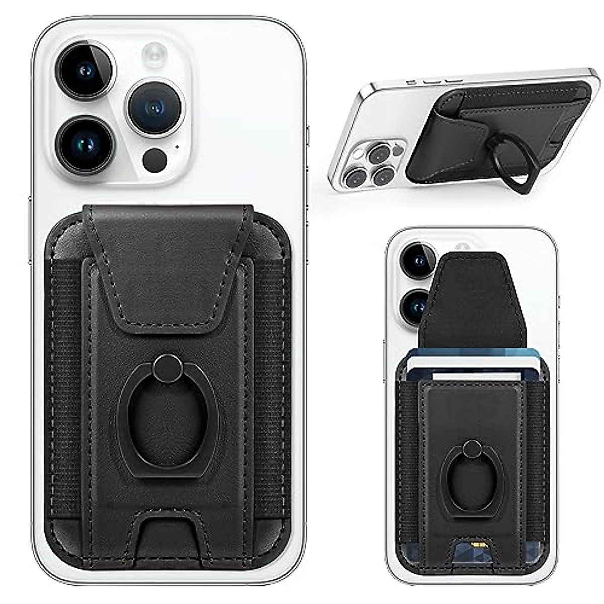 3-in-1 Magnetic Wallet with Phone Grip, Compatible with MagSafe Wallet and Phone Stand, Leather Privacy Flap, Magnetic Phone Wallet Holder with Phone Ring for iPhone 14/13/12 Series, 7 Cards, Black