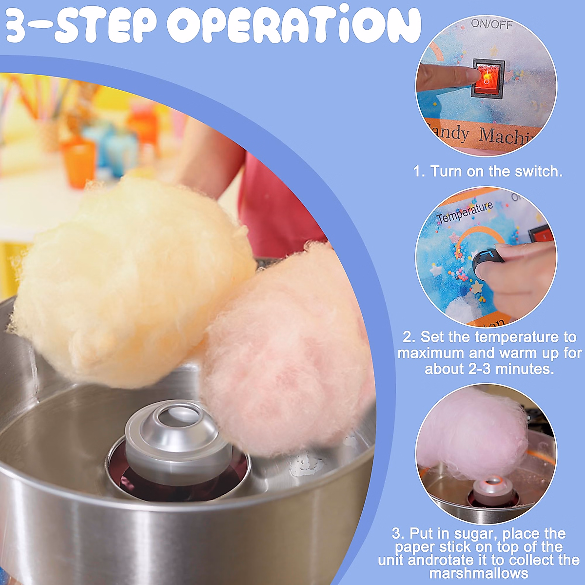 WHALEMOTOR Commercial Cotton Candy Machine, Blue Electric Cotton Candy Maker Machine for Family Events, Candy Floss Machine for Kids, Birthday Party Outside, Ballgames, Church