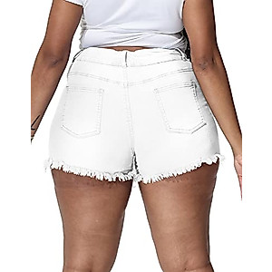 ALLEGRACE Sexy Plus Size Denim Shorts Women Distressed High Waist Shorts with Pockets 759 White 14W