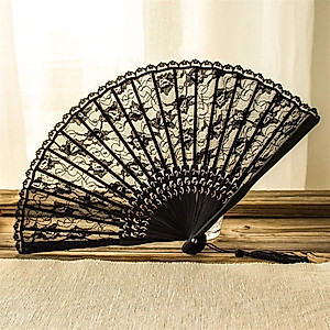 RAN 8.7" Lace Floral Folding Hand Fans - Womens Handmade Black Imitated Silk Fabric Lace Hand Fan, Bamboo Folded Fans (Color : Black, Size : 8.7")