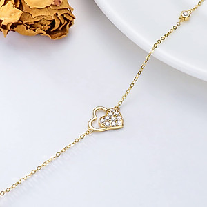 SISGEM 14K Real Gold Hearts Beaded Bracelets for Women,Yellow Gold Love Bracelet Three Hearts Jewerly Gifts for Birthday Christmas 6.5+2 inch