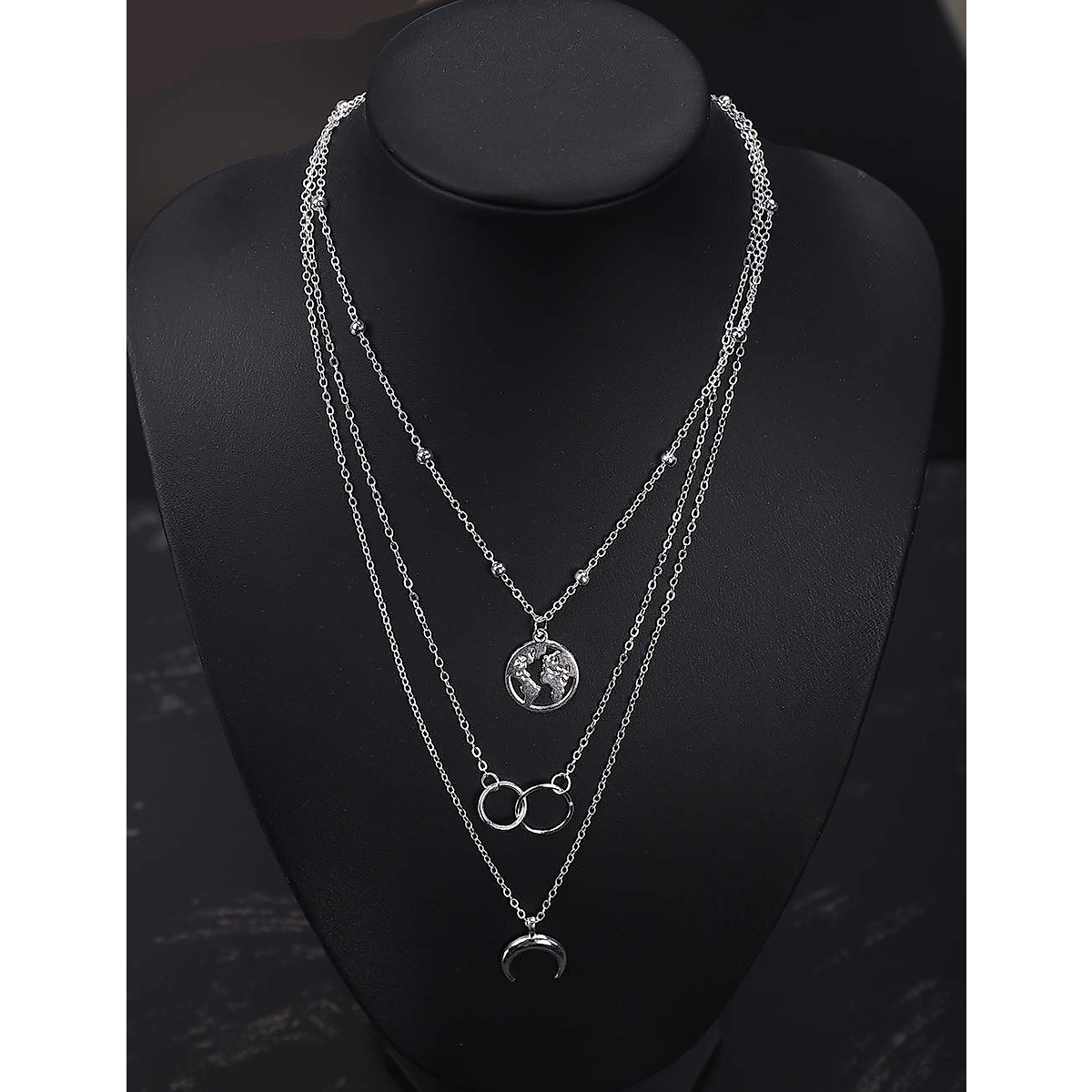 fxmimior 2 Tier Boho Dainty Layered Necklace Moon Necklaces Map Pendant Silver Gold Jewelry Stackable Choker Necklaces for Women and Girls (Silver)