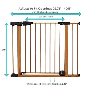 Toddleroo by North States Woodcraft Steel Baby Gate: Self-Closing Child Gate with Hold-Open Feature. Pressure Mounted Baby Gate with Door, Fits Openings 29.75” to 40.5” Wide. (30" Tall, Brown)