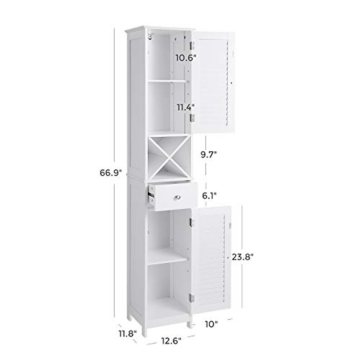 VASAGLE Bathroom Tall Cabinet, Freestanding Storage Cabinet with Shutter Doors, Drawer, and Removable X-Shaped Stand, 11.8 x 12.6 x 66.9 Inches, Scandinavian Style, White UBBC69WT