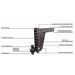 BulletProof Hitches 2.5" Adjustable Extreme Duty (36,000lb Rating) 12" Drop/Rise Trailer Hitch with 2" and 2 5/16" Dual Ball (Black Textured Powder Coat, Solid Steel)