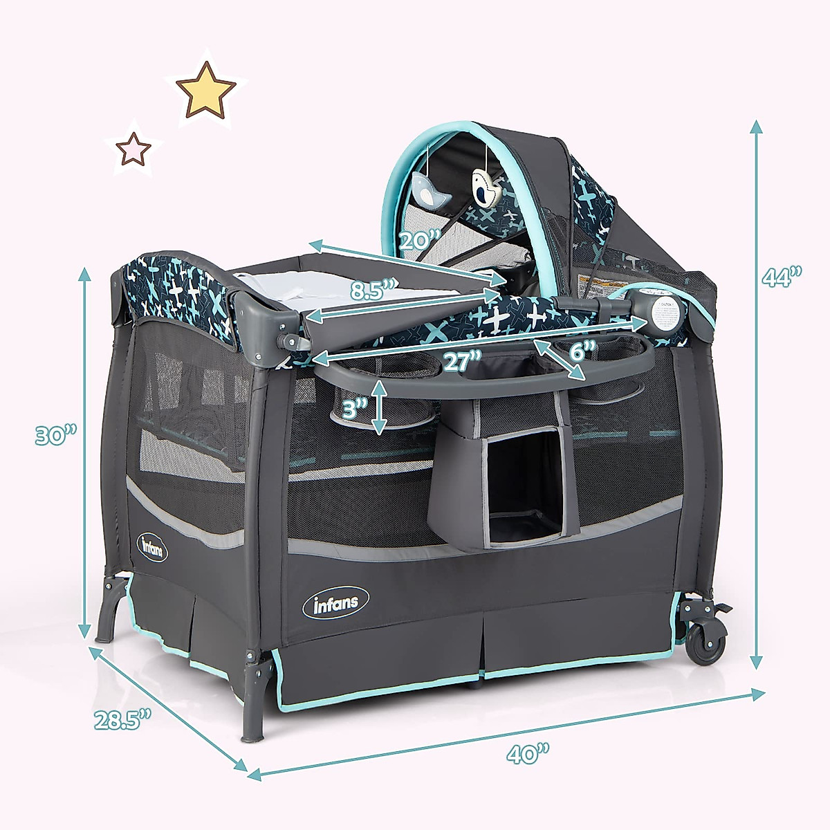 INFANS 4 in 1 Pack and Play, Portable Travel Baby Playard with Bassinet, Changing Table, Canopy, Mosquito Net, Hanging Toys, Music Box, Storage Bag, Large Playpen from Newborn to Toddlers (Pink)