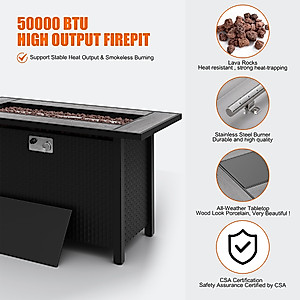 Walsunny 45 inch Outdoor Propane Fire Pit 50,000 BTU Gas Fire Pit Table with Lid, Lava Rock, Waterproof Cover, Rectangle Gas Firepit Table for Garden/Patio, CSA Certification