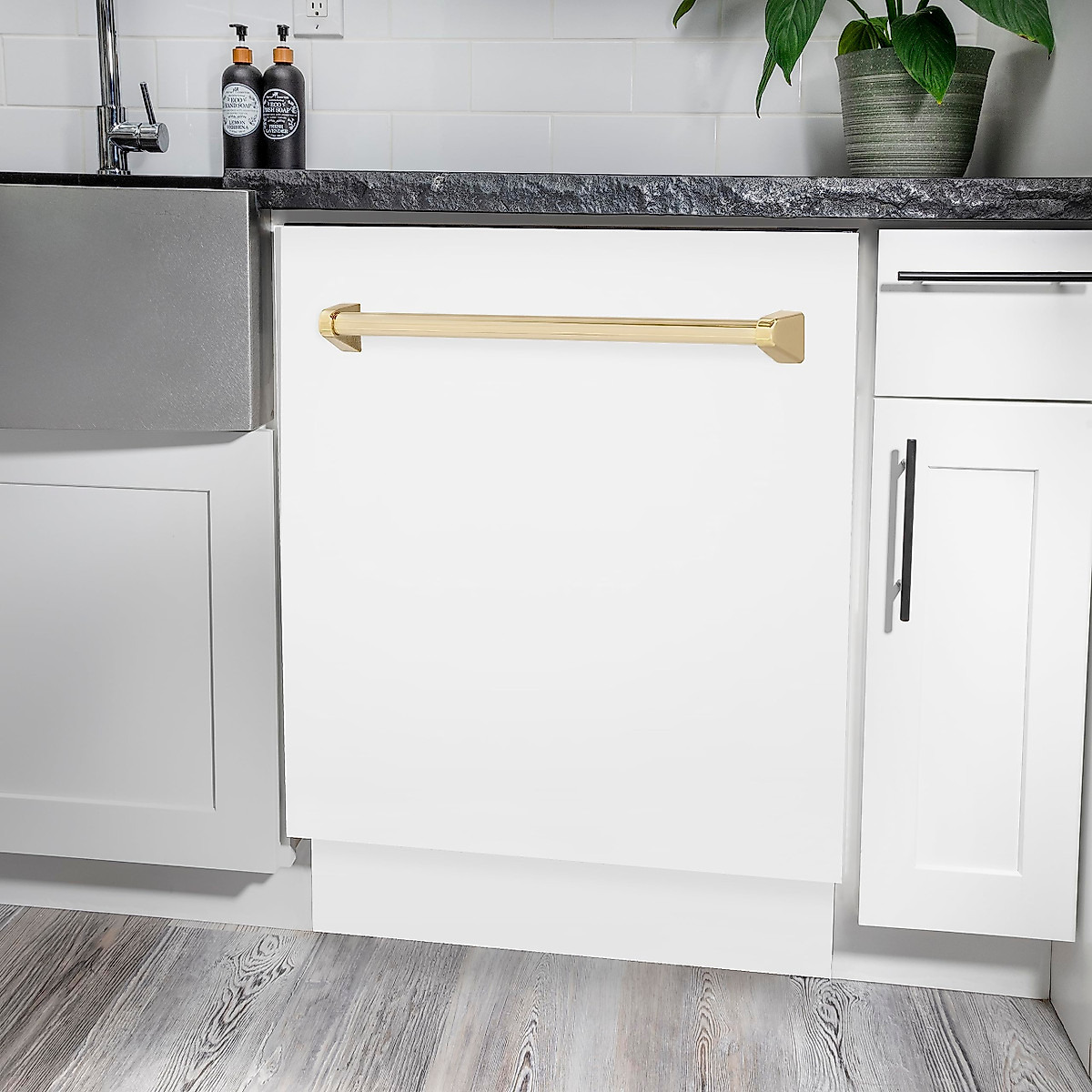 ZLINE Autograph Edition 24" 3rd Rack Top Control Tall Tub Dishwasher in White Matte with Gold Handle, 51dBa (DWVZ-WM-24-G)