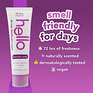 hello All Over Lavender Vanilla Whole Body Deodorant Cream, Aluminum Free Deodorant Cream for Pits, Privates + More, Offers 72 Hours of Freshness, Safe for Sensitive Skin, Vegan, 1 Pack, 3 Oz Tube