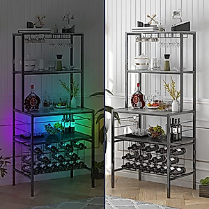 ijuicy Wine Bar Cabinet with LED Lights, Wine Rack Freestanding Floor, 4 Tier Home Bar Cabinet with Wine Storage & Glasses Holder, Wine Cabinet for Home Bar, Kitchen, Black