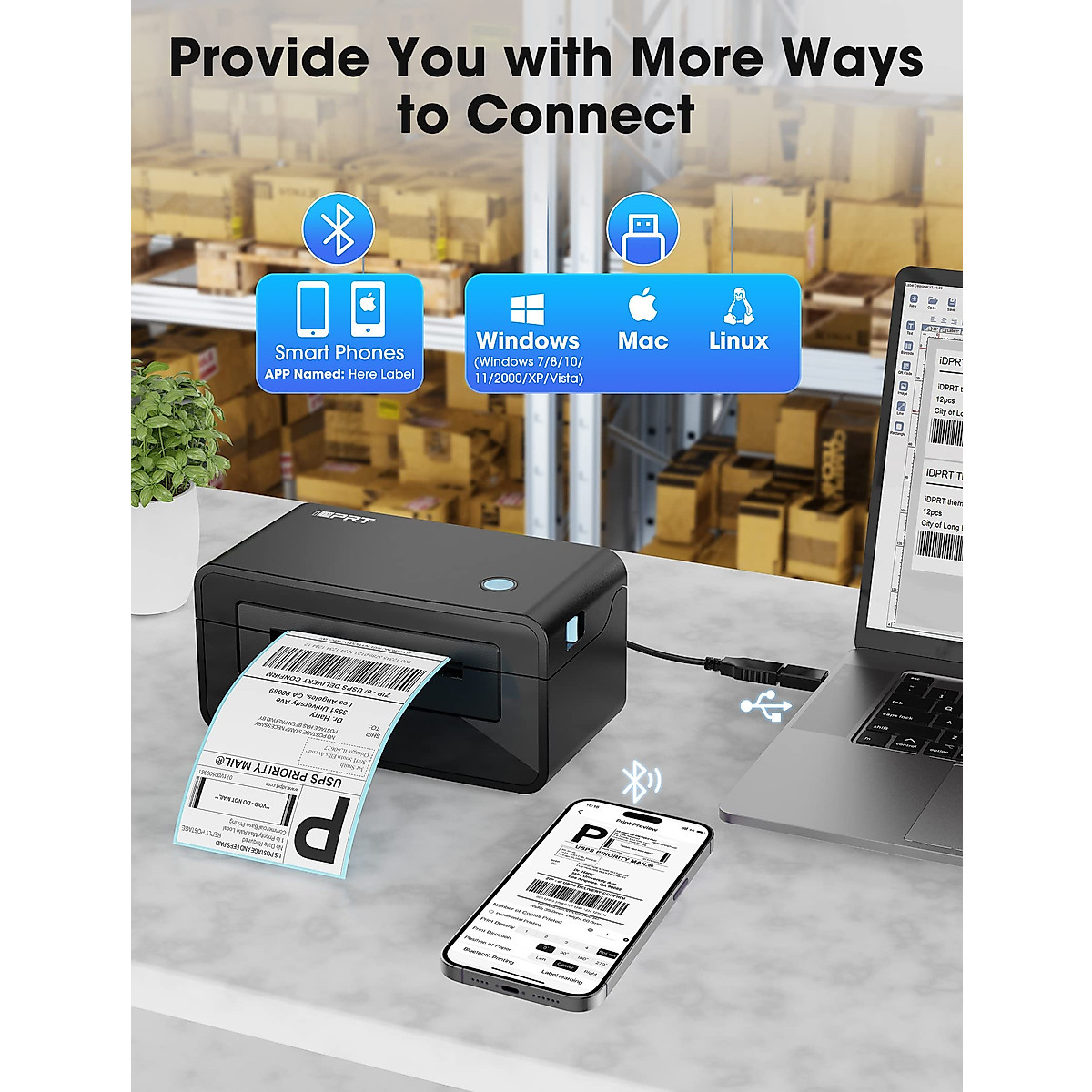 iDPRT Thermal Label Printer SP410 Thermal Shipping Label Printer, 4x6 Label Printer, Thermal Label Maker, Compatible with Shopify, Ebay, UPS, USPS, FedEx, Amazon & Etsy, Support Multiple Systems