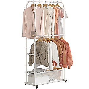 MOYIPIN Double Rods Clothing Rack with Wheels,Clothing Rack for Hanging Clothes Coat Scarves Bags,Multi-functional Bedroom Garment Rack,4 Hooks,White
