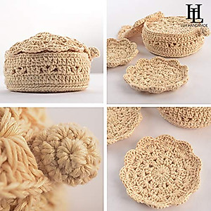 Crochet Doilies 4 Inch Coaster Set, Doily Crochet Coasters Set with Holder, Dollies Crochet Coasters for Wedding Decorations, Outdoor Coasters for Patio Table, Pack of 7, Beige