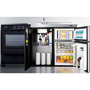 Summit Appliance ACK63ELSTB 64" Wide All-in-one Kitchenette with 4-Burner 220V Smooth-top Electric Range, Refrigerator-Freezer Sink, Cutting Board and Cutlery Storage, and Storage Cabinet
