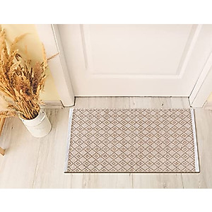 THE BEER VALLEY Diamond Woven Rug 2'x3' - Beige, Anti-Slip Farmhouse Accent Cotton Rugs for Entryway Kitchen Bedroom Bathroom - 24x36 Inches