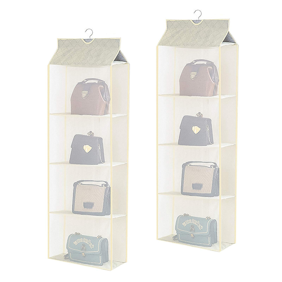 BIMZUC Hanging Handbag Organizer, [2 Pcs] Closet Hanging Organizer for Purse Handbag Bag, Hanging Purse Storage Organizer, Closet Organizers Storage for Room Family Bedroom Use, 4 Grids-Beige