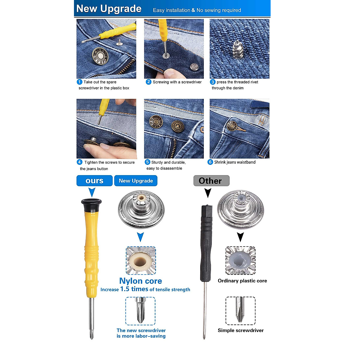 Jeans Button Replacement No Sew: YUANHANG 24 Sets Metal Buttons for Pants - Instant Adjustable Button - Tighten Waist Size by 1 Inch or Extend an Extra Inch - Contains A Removable Screwdriver