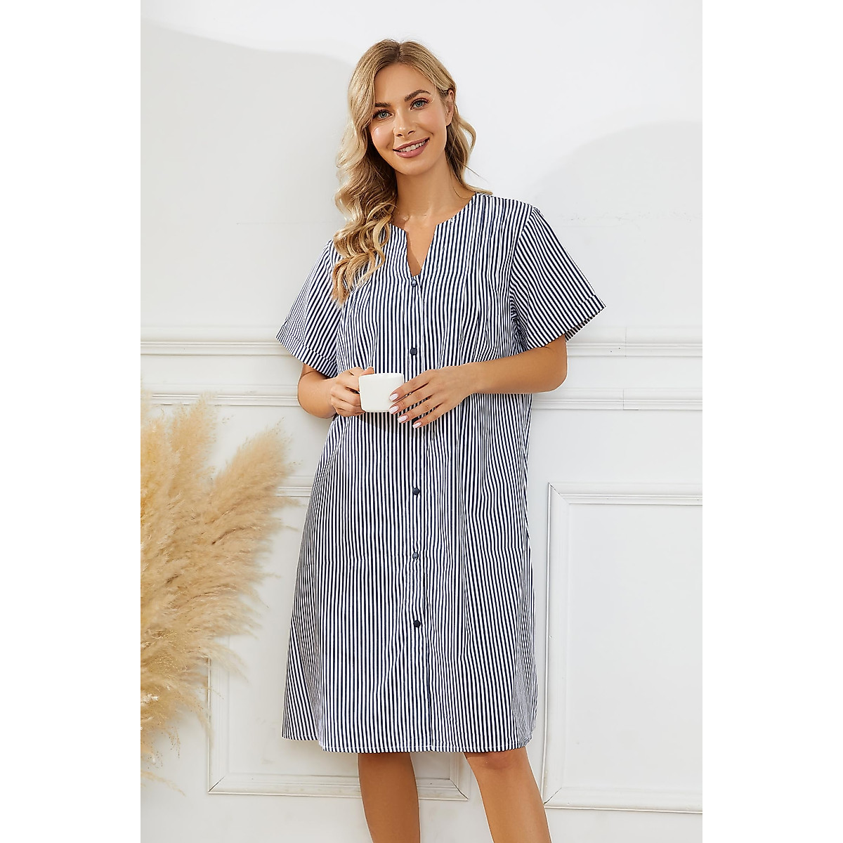 YOZLY House Dress Women Cotton Duster Robe Short Sleeve Housecoat Button Down Nightgown Navy Blue XX-Large