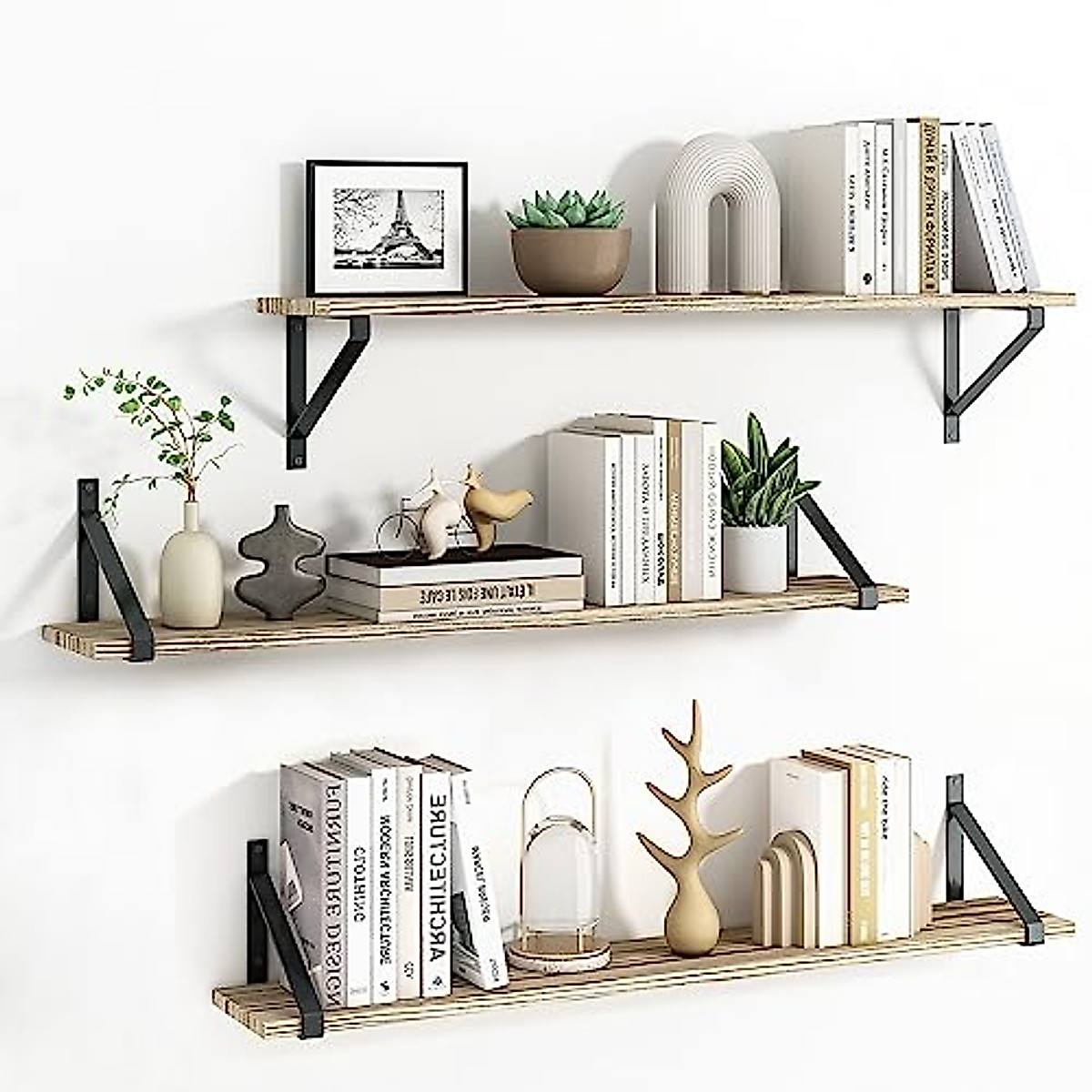 Fixwal Floating Shelves, 36 Inch Wall Bookshelf Set of 3, Large Floating Book Shelves for Wall Decor, Rustic Wood Wall Storage Shelves for Bedroom, Living Room, Kitchen, Bathroom (Carbonized Black)