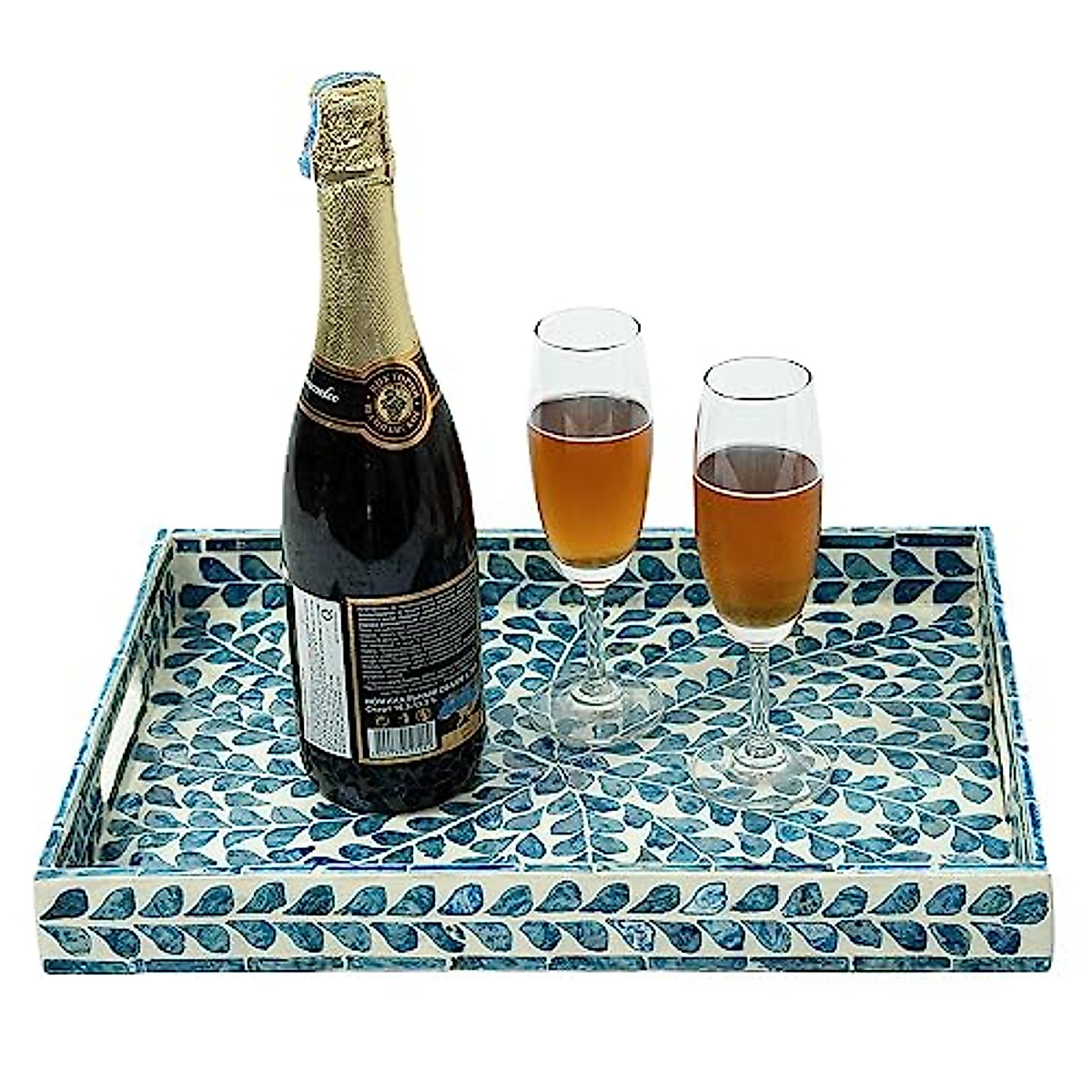 CLAYNIX Serving Tray 15.7" X11.8", Lacquer Mother of Pearl Inlay Mosaic Tray, Rectangle Wooden Marble Tray with Handles Trays for Tea, Breakfast in Bed, Table (Blue)