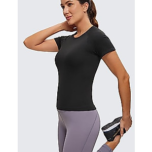 CRZ YOGA Women's Seamless Workout Tops Breathable Short Sleeve Gym Shirts Running Yoga Athletic T-Shirts Black Small