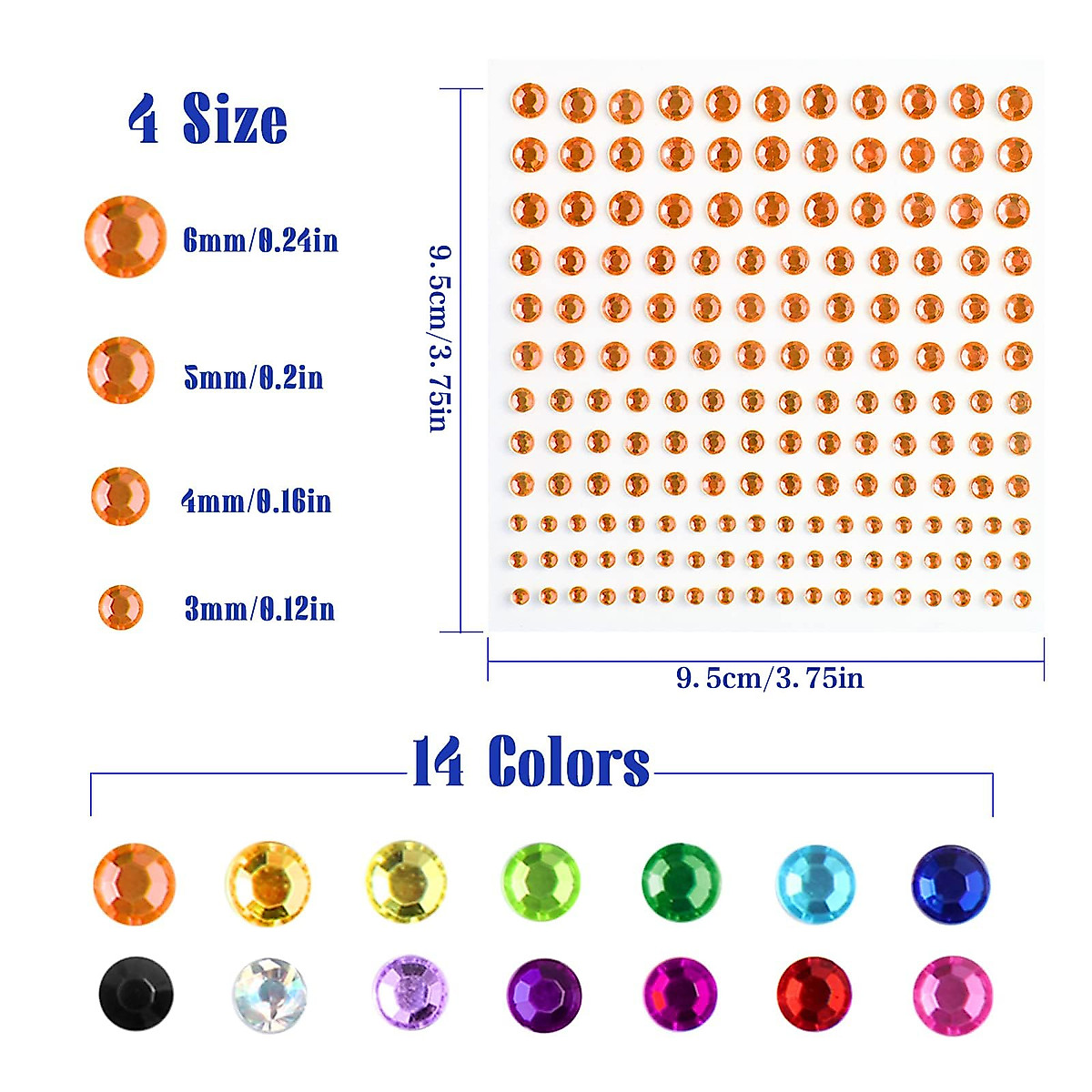 2310 PCS Self Adhesive Rhinestone Gem Stickers for Face Nail Body Makeup Festival,4 Size 14 Sheets Bling Jewels Stickers for Kids DIY Craft Card Decorations