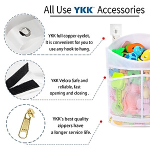 Ligereza Mesh Bath Toy Organizer, Various Hanging Ways, Large Capacity Large Opening, YKK Zipper, 4 Super Hooks, with Two Compartment Pockets, Baby Bathtub Toy Storage Bag (Large White)