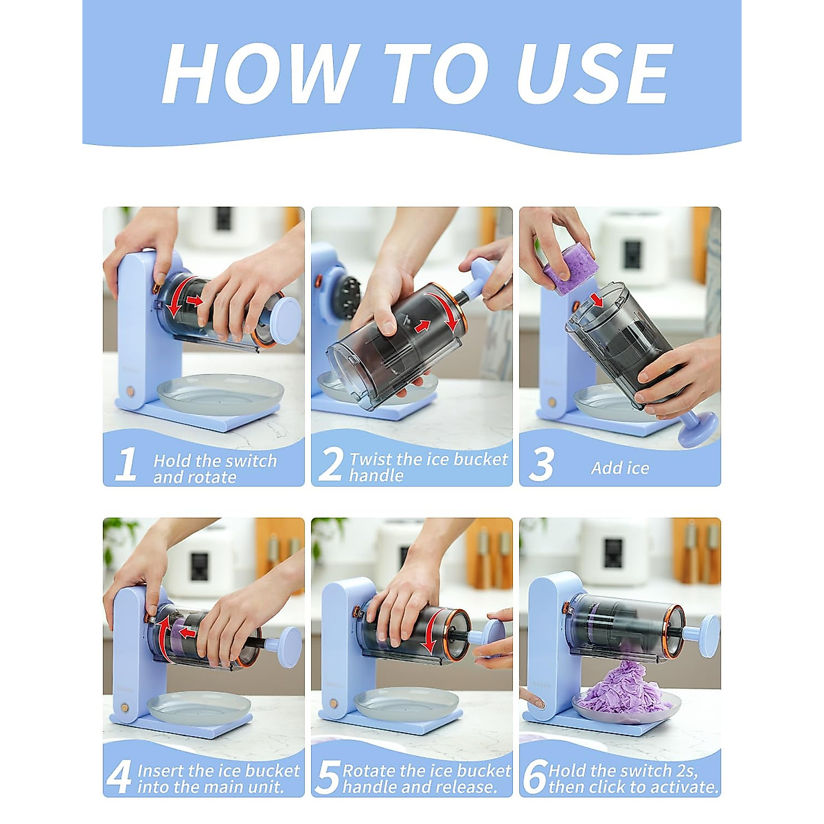 Shaved Ice Snow Cone Machine - Slushie Machine with 2 Reusable Plastic Ice Mold and Stainless Steel Blades,Kitchen Electric Cocktail Margarita TableTop Ice Crusher(Blue)