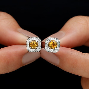 Certified Citrine and Diamond Halo Stud Earrings for Women, 1.25 cttw, Aaa Quality, 14K White Gold