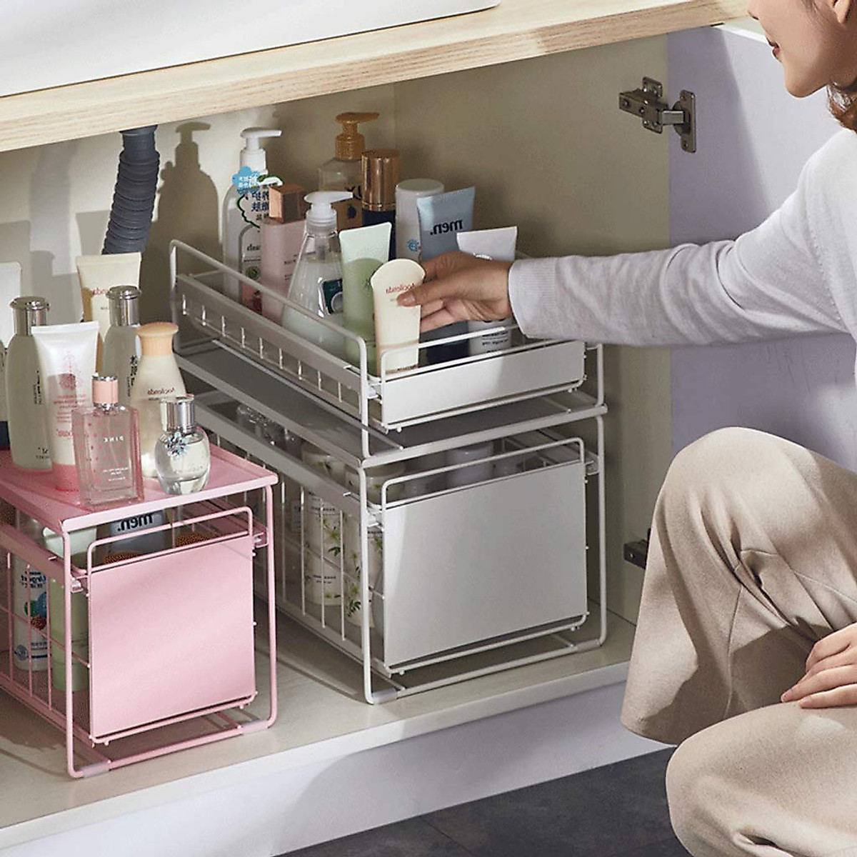 Under Sink Storage Kitchen Storage Rack,Under Sink Storage Racks,Under Sink Organizer,pull-out Cabinets,countertop Storage,Kitchen Tidy Organiser,for Kitchen Bathroom, White 40.5*27.7*39.5cm