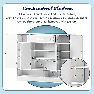 Modern Shoe Cabinet with Adjustable Shelves and Sturdy Top Surface, Wood Sideboard with 1 Drawers, Multifunctional Storage Cabinet for Entrance Corridor Bedroom (White + Particle Board-035)