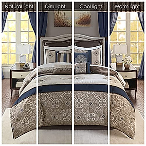 Madison Park Essentials Delaney 24-Piece Room In A Bag Comforter Set-Satin Jacquard All Season Luxury Bedding, Sheets, decorative pillows and Curtains, Valance, Queen (90 in x 90 in), Medallion Navy