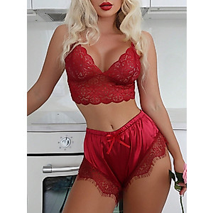 SOLY HUX Women's 2 Piece Lingerie Set Lace Bra Cami Top and Satin Shorts Sleepwear Plain Burgundy XL