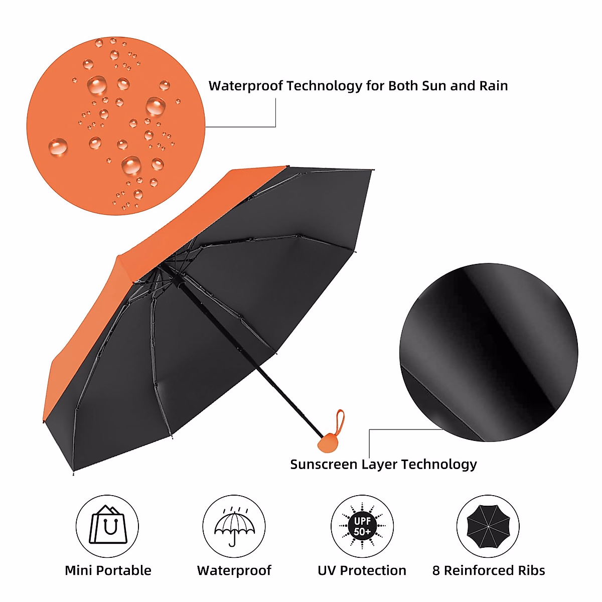 Trenovo Travel Mini Folding Compact Umbrella With Case - 8 Ribs Lightweight Portable for Sun & Rain, Small Pocket for Girls and Women - Orange